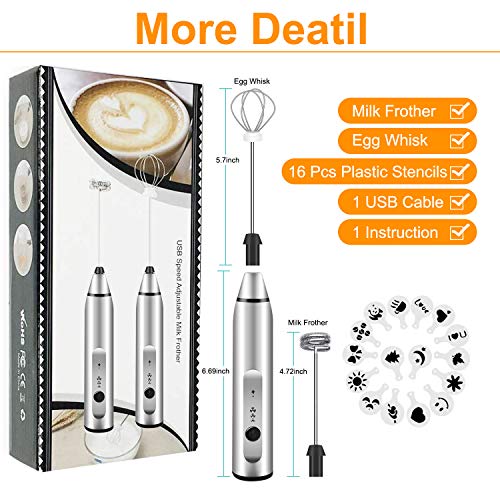 Milk Frother Handheld, Gbivbe Rechargeable Whisk Drink Mixer for Coffee with Art Stencils, Coffee Mixer for Cappuccino, Hot Chocolate Match, Frappe, Hot Chocolate, Egg Whisk