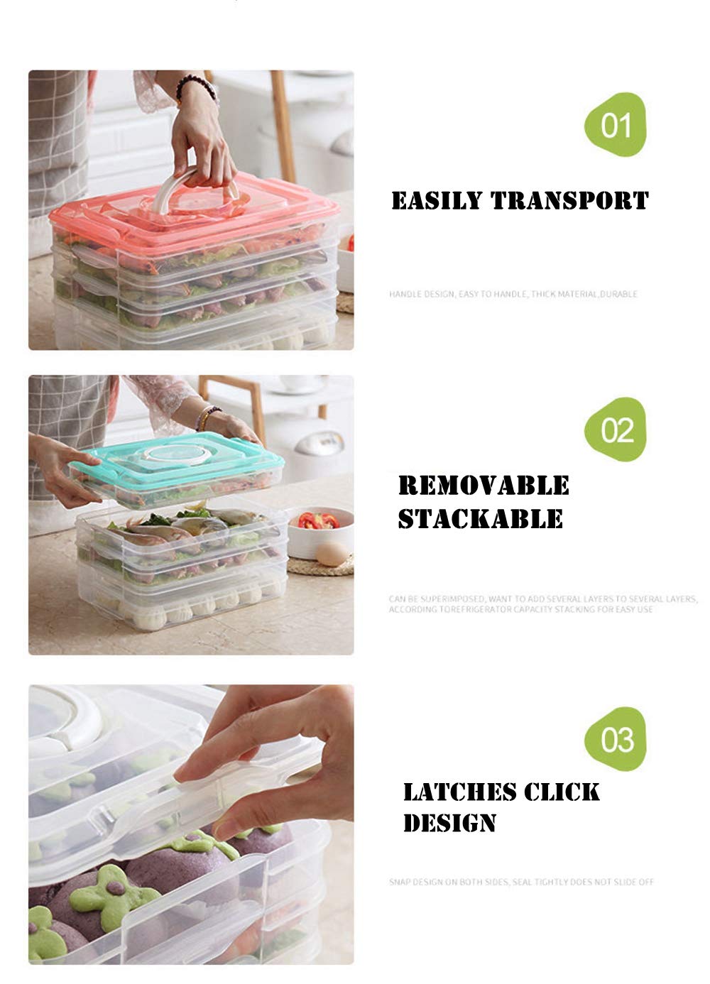 TIAN CHEN Food Refrigerator Storage Containers with 2 Lids, 4 Layer, Stackable Handheld Carrier for Snack, Cookie, Meat, Bacon, Charcuterie, BPA Free (Transparent 4 tier)