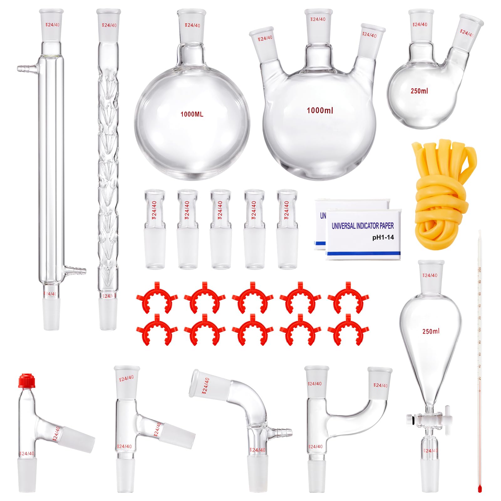 VEVOR New Laboratory Glassware 24/40 Chemistry Glassware 29PCS Chemistry Lab Glassware Kit 250 1000ml for Distillations Separation Purification Synthesis 24/40 29PCS