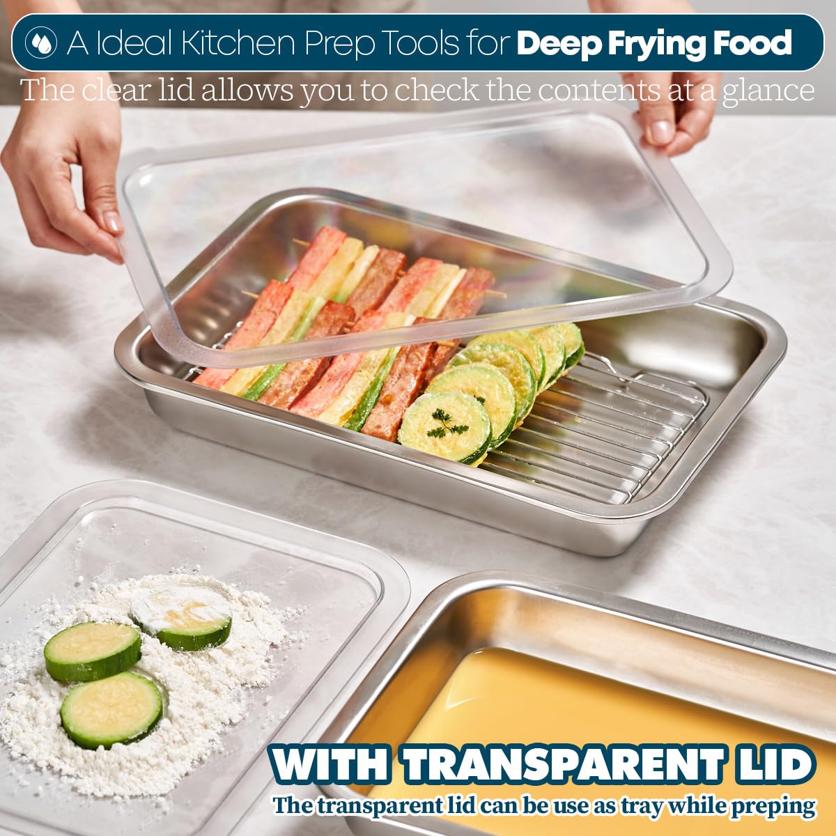 WAGENSTEIGER Stainless Steel Food Prep Container Set with Rack & Transparent Lid, Buffet Party Pan, Catering Pan, For Resting Meats & Oven Roasting, Marinating & Deep-Frying Prep Tools