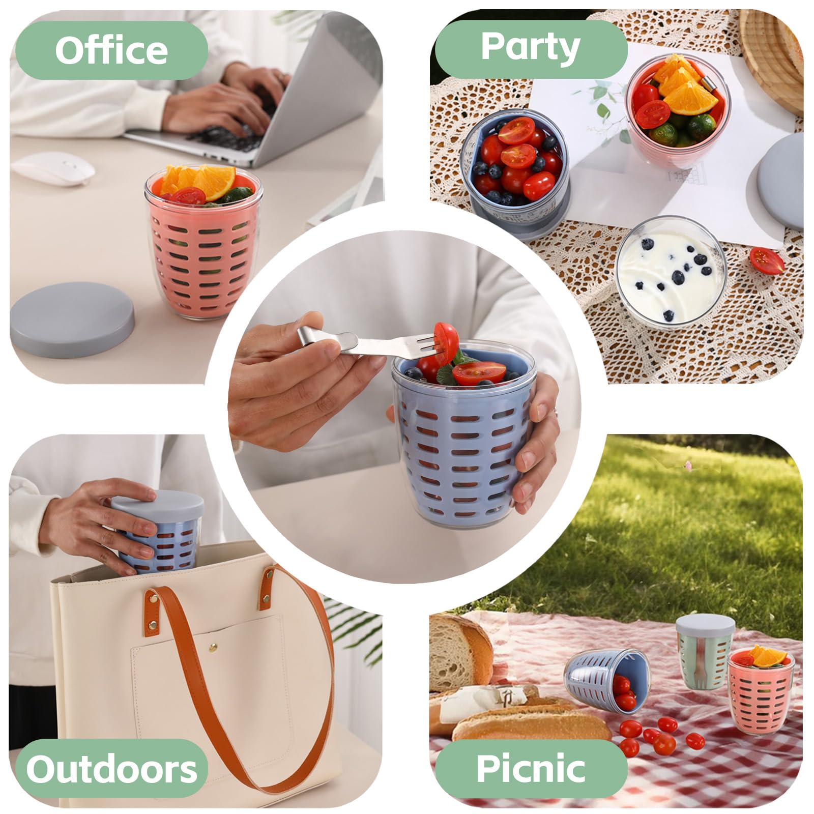 SENARYE Fruit Salad Container, Fruit Cups with Lid, Removable Colander, and Fork, 20oz Fruit and Veggie Storage Containers with Portable, BPA Free, Leak-proof, Easy to Clean, and Reusable (Green)