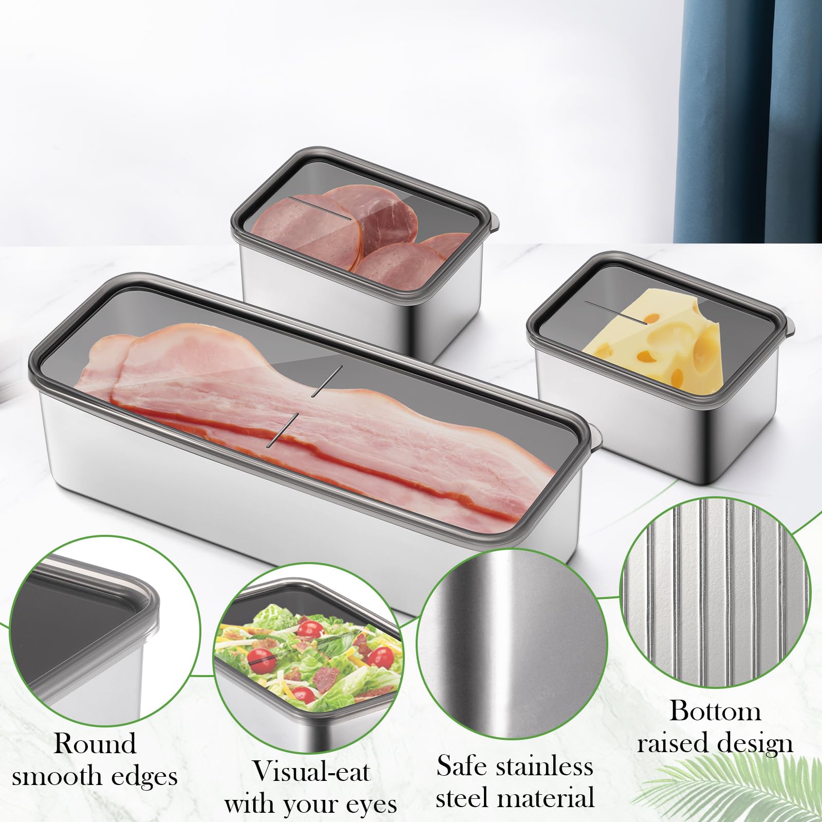 Hushee 3 Pcs Deepen Bacon Cheese Container Large Capacity for Refrigerator 304 Stainless Steel Storage Container with Lids Deli Meat Container Dishwasher Safe Fridge Organizer for Fruit Lunch Storage