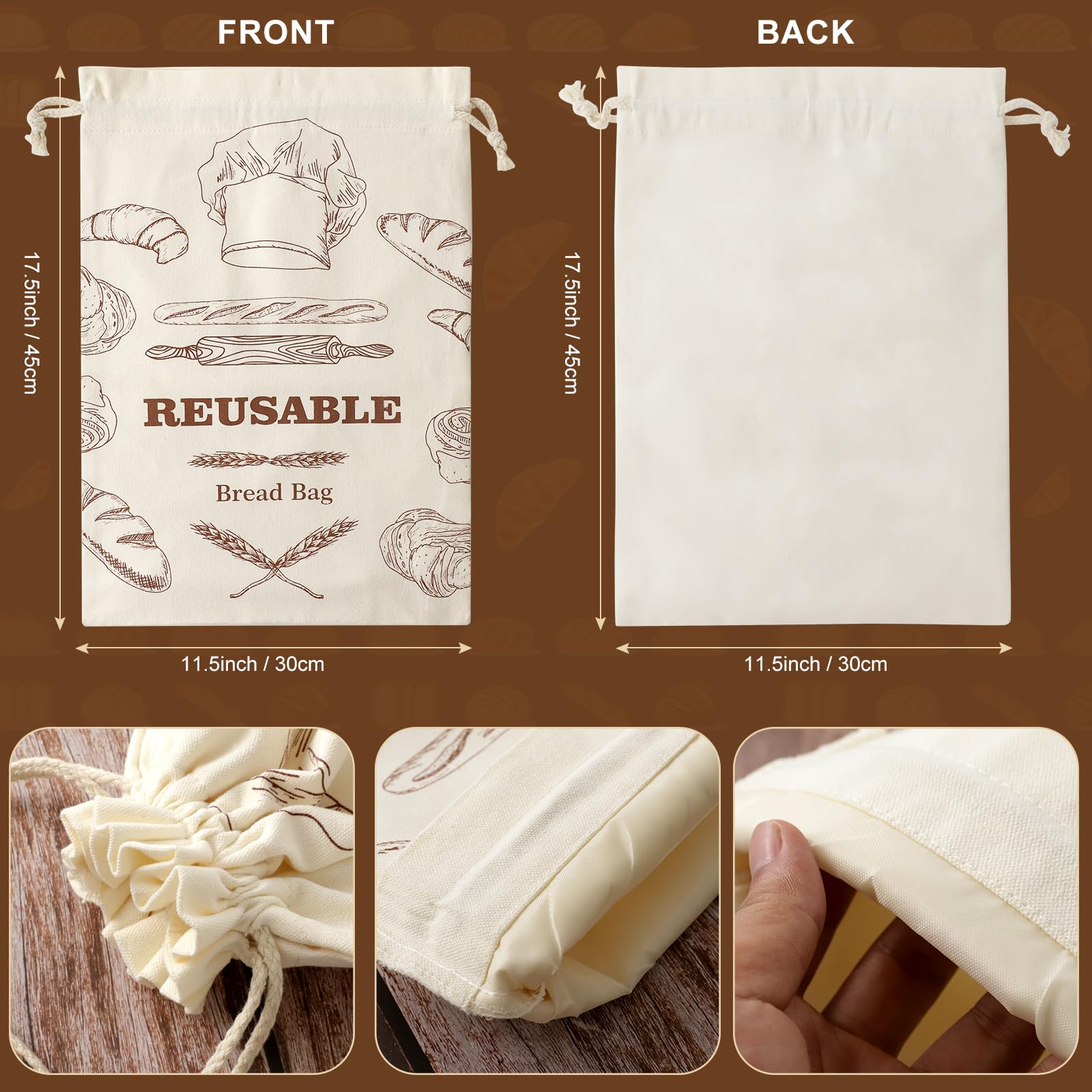 Bread Bags for Homemade Bread, 2 Pack Reusable Bread Bags, Linen Bread Bag with Plastic Liner for Sourdough & Bread Storage