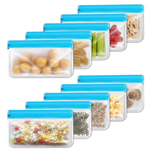 SHUCHUANG Reusable Snack Bags Dishwasher Safe,10Pack Reusable Bags Silicone Extra Thick Leak-proof Reusable Freezer Bags for Candy, Snack, Cereal, Travel Items, Home Organization(BLUE)