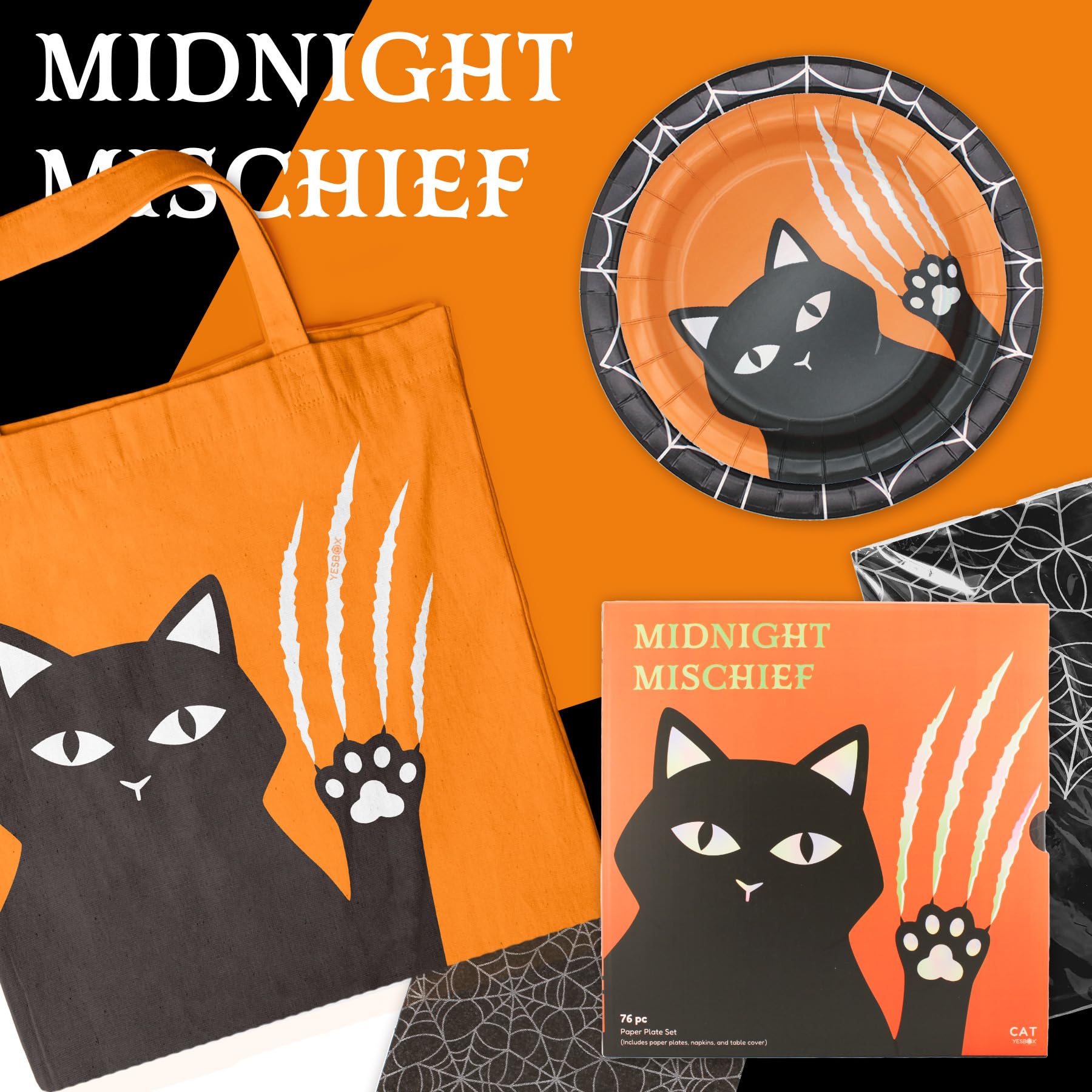 yesbox Gift Tote Bag - Vibrant Orange Canvas, Eco-Friendly, Cute Cat Design Ideal for Halloween Festivities, Trick or Treat, Travel, and Daily Use!