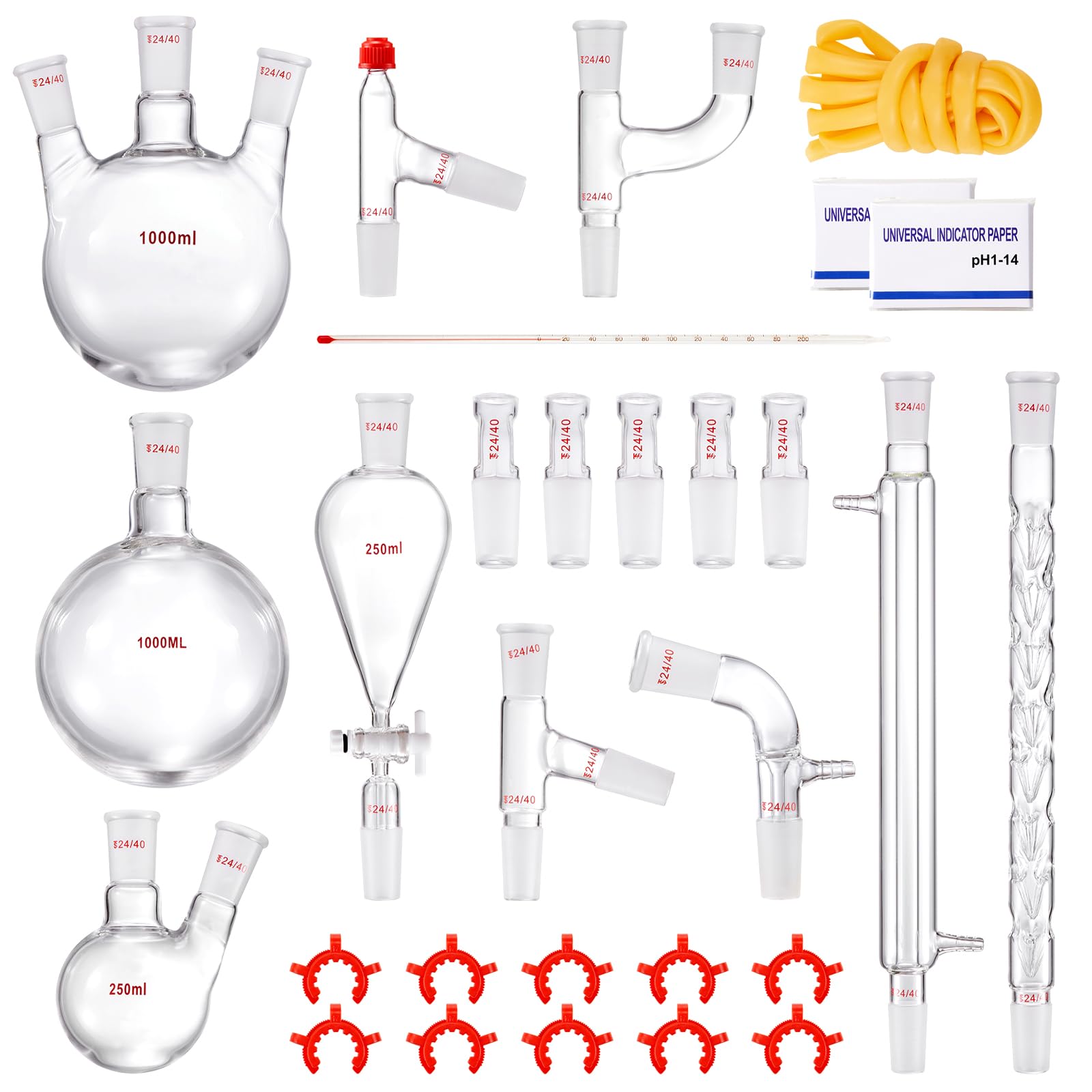 VEVOR New Laboratory Glassware 24/40 Chemistry Glassware 29PCS Chemistry Lab Glassware Kit 250 1000ml for Distillations Separation Purification Synthesis 24/40 29PCS