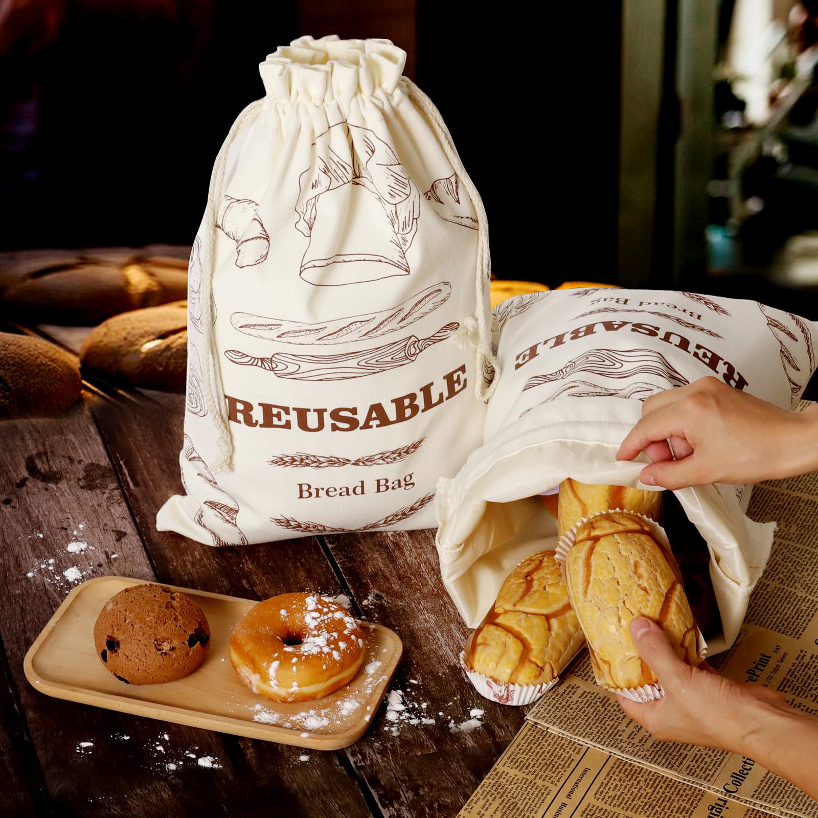 Bread Bags for Homemade Bread, 2 Pack Reusable Bread Bags, Linen Bread Bag with Plastic Liner for Sourdough & Bread Storage