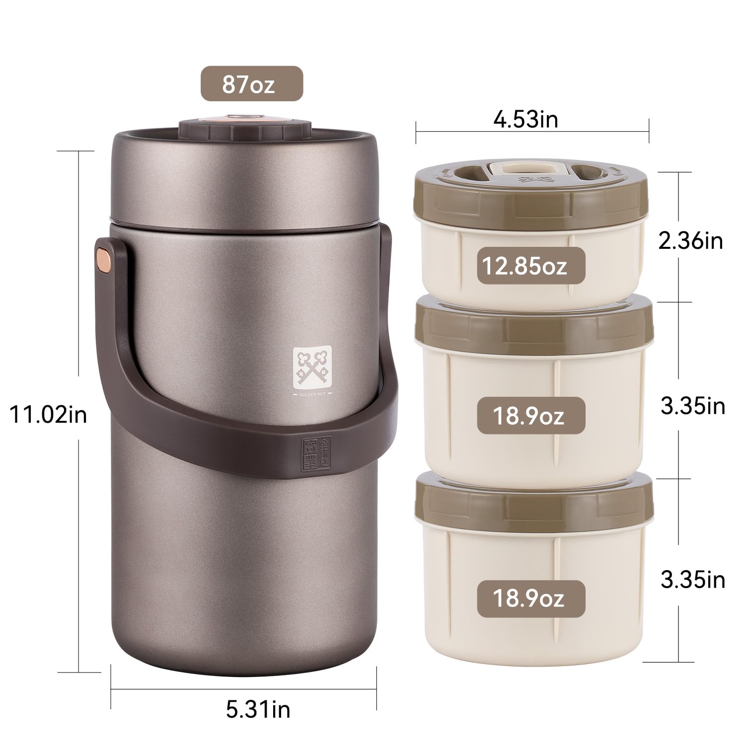 GOLDEN KEY Adults Stainless Vacuum-Insulated Wide Mouth Large Thermos for Hot Food with 3 Stackable Storage Container Inserts and Lunch Bag,Hot & Cold Soup Thermo Lunch Container,87 Ounce,Coffee