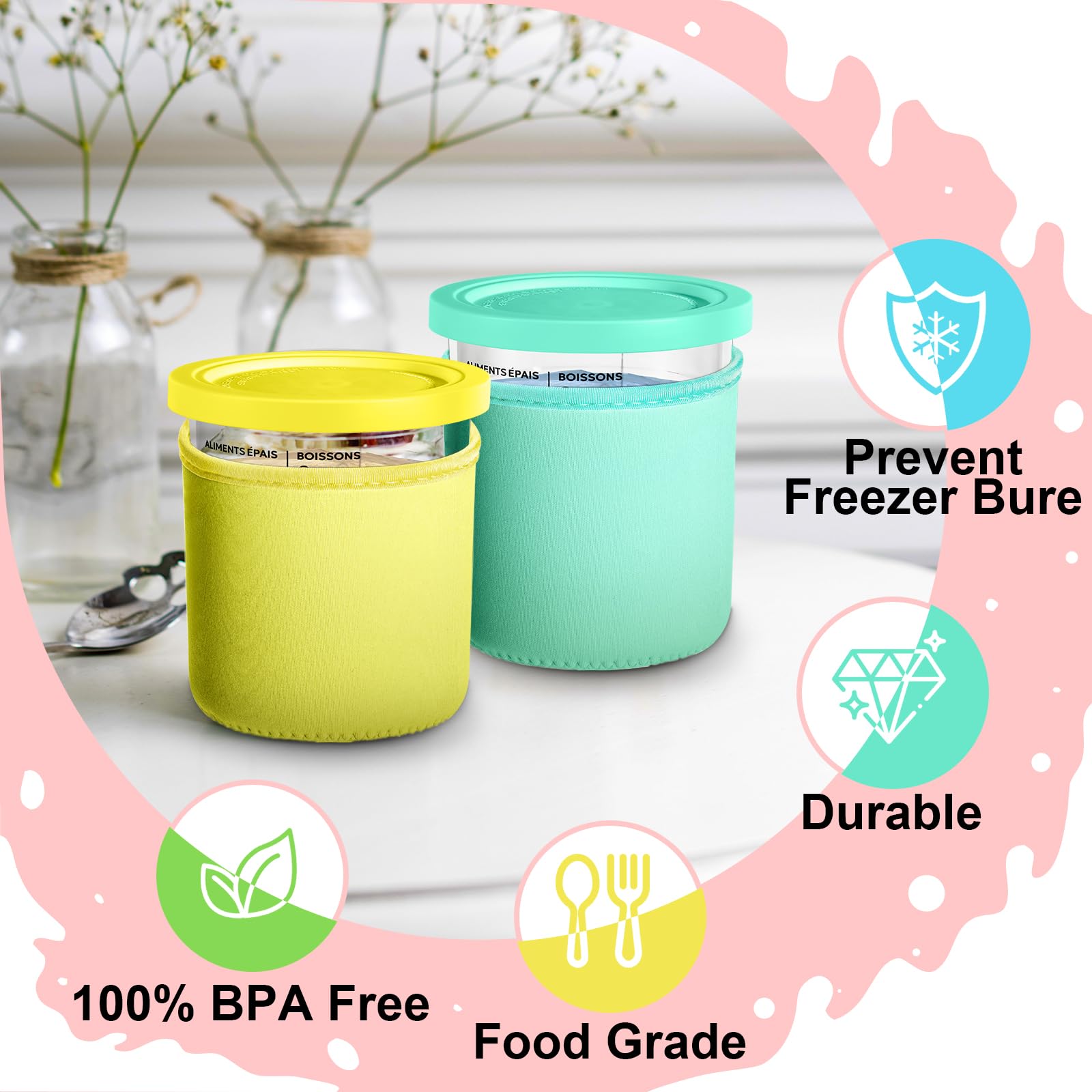 Containers Replacement for Ninja Creami Pints and Lids, 16oz Ice Cream Cups Compatible with Ninja Creami NC500 NC501 Series Ice Cream Maker, for Creami Ninja Ice Cream with Insulated Sleeves(2 Pack)