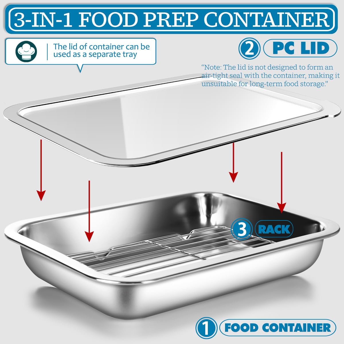 WAGENSTEIGER Stainless Steel Food Prep Container Set with Rack & Transparent Lid, Buffet Party Pan, Catering Pan, For Resting Meats & Oven Roasting, Marinating & Deep-Frying Prep Tools