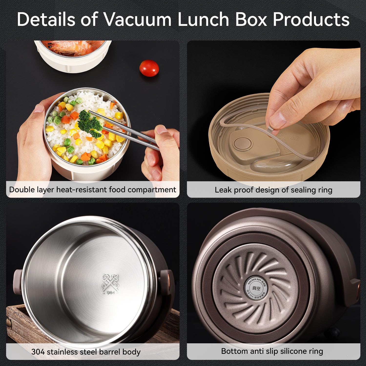 GOLDEN KEY Adults Stainless Vacuum-Insulated Wide Mouth Large Thermos for Hot Food with 3 Stackable Storage Container Inserts and Lunch Bag,Hot & Cold Soup Thermo Lunch Container,87 Ounce,Coffee