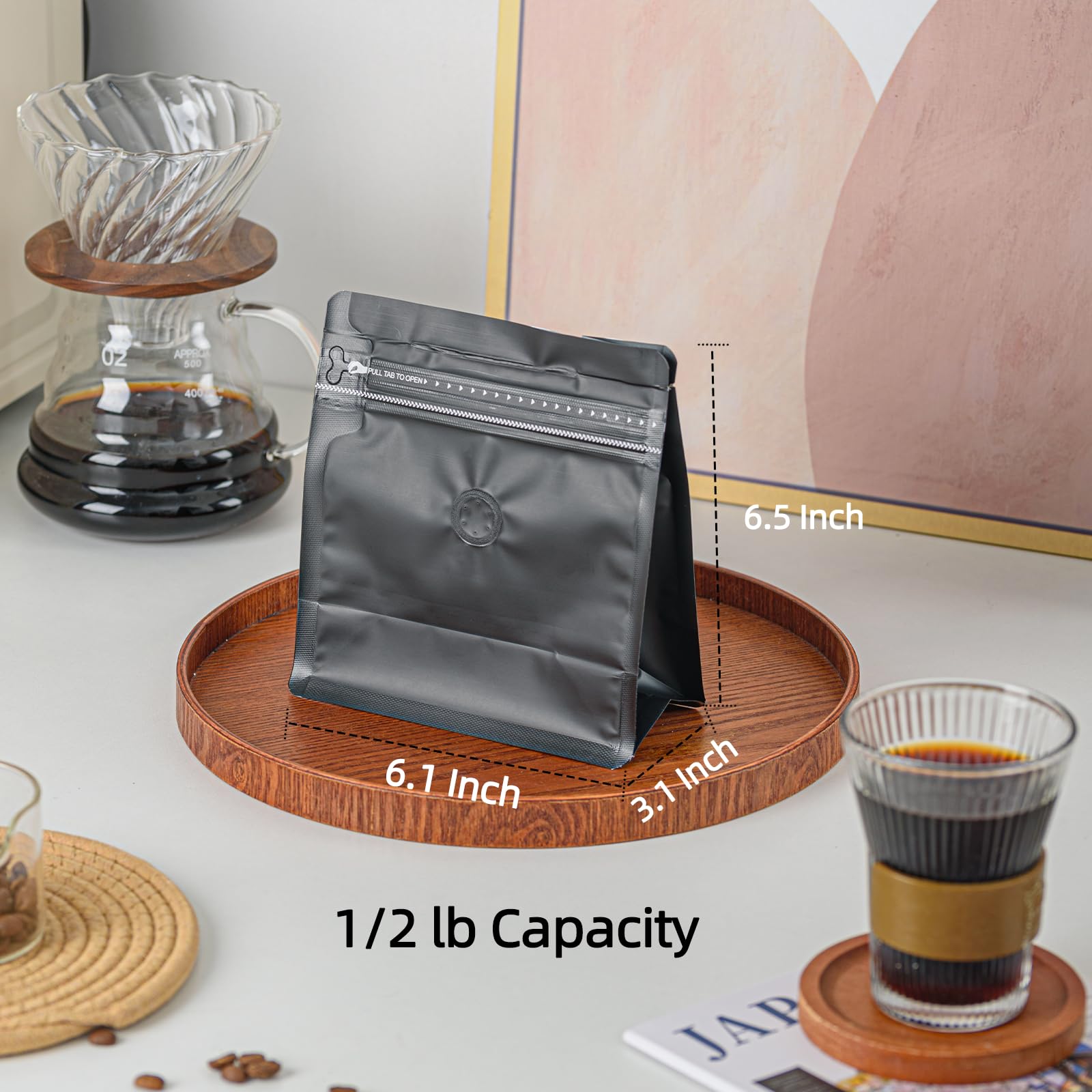 Roppolo 50 Pcs 0.5lb Balck Sqaure Coffee Bean Bags with Valve, Easy Tear Open & Repeating Sealed Zipper, Heat-Seal Stand Up & Flat Bottom Coffee Bag, 8oz Capacity 7.6.1x6.5 Inch