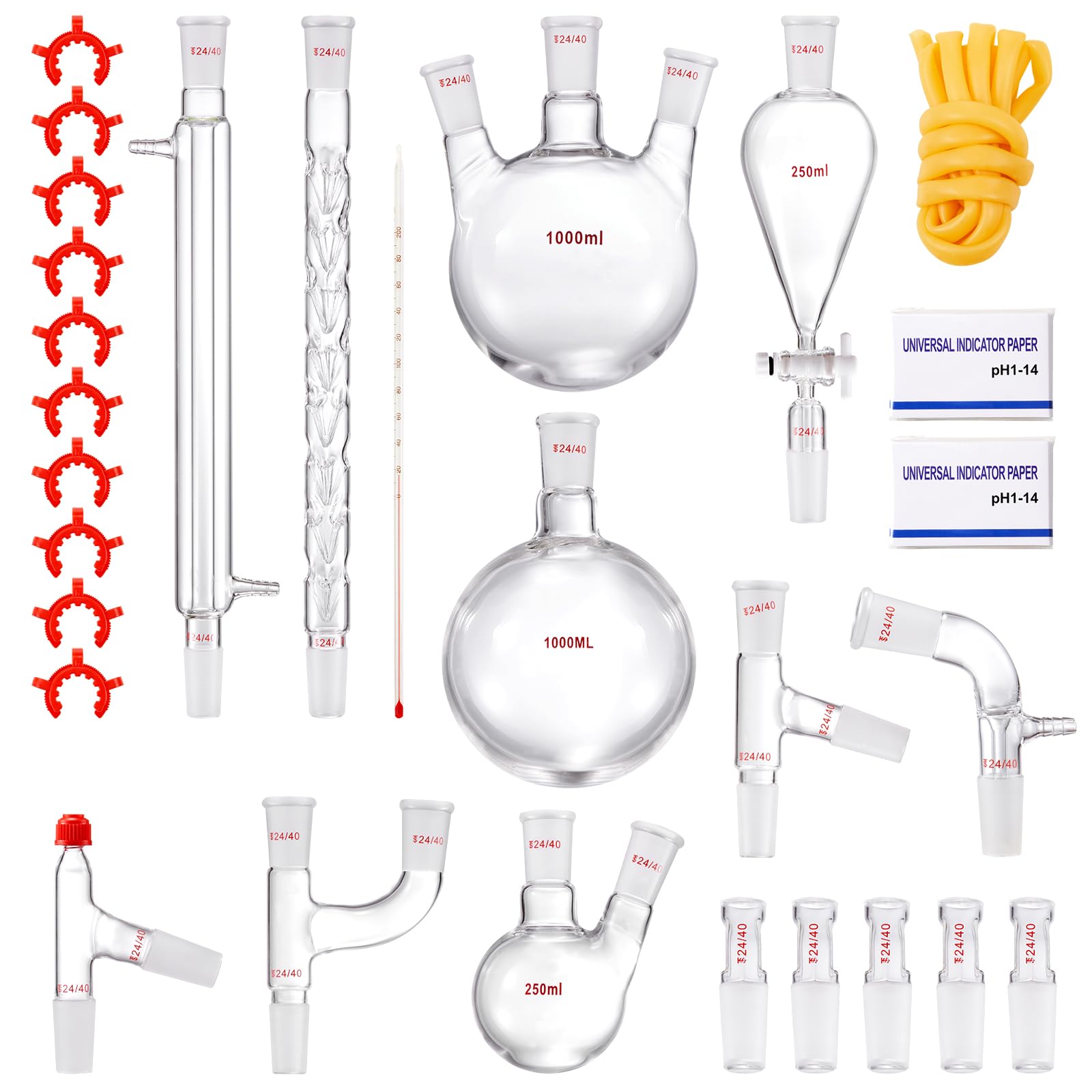 VEVOR New Laboratory Glassware 24/40 Chemistry Glassware 29PCS Chemistry Lab Glassware Kit 250 1000ml for Distillations Separation Purification Synthesis 24/40 29PCS