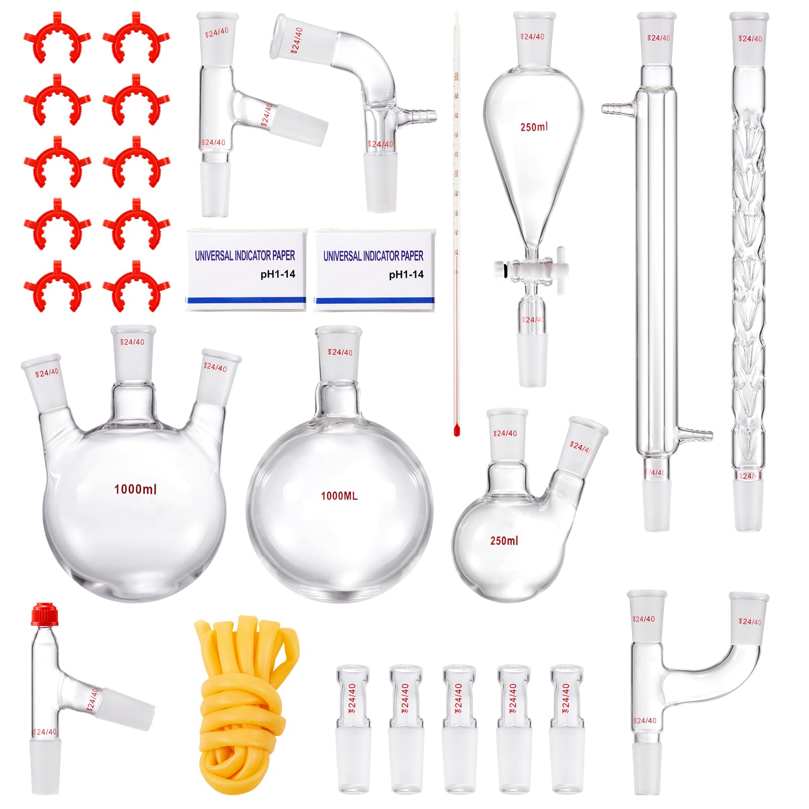 VEVOR New Laboratory Glassware 24/40 Chemistry Glassware 29PCS Chemistry Lab Glassware Kit 250 1000ml for Distillations Separation Purification Synthesis 24/40 29PCS