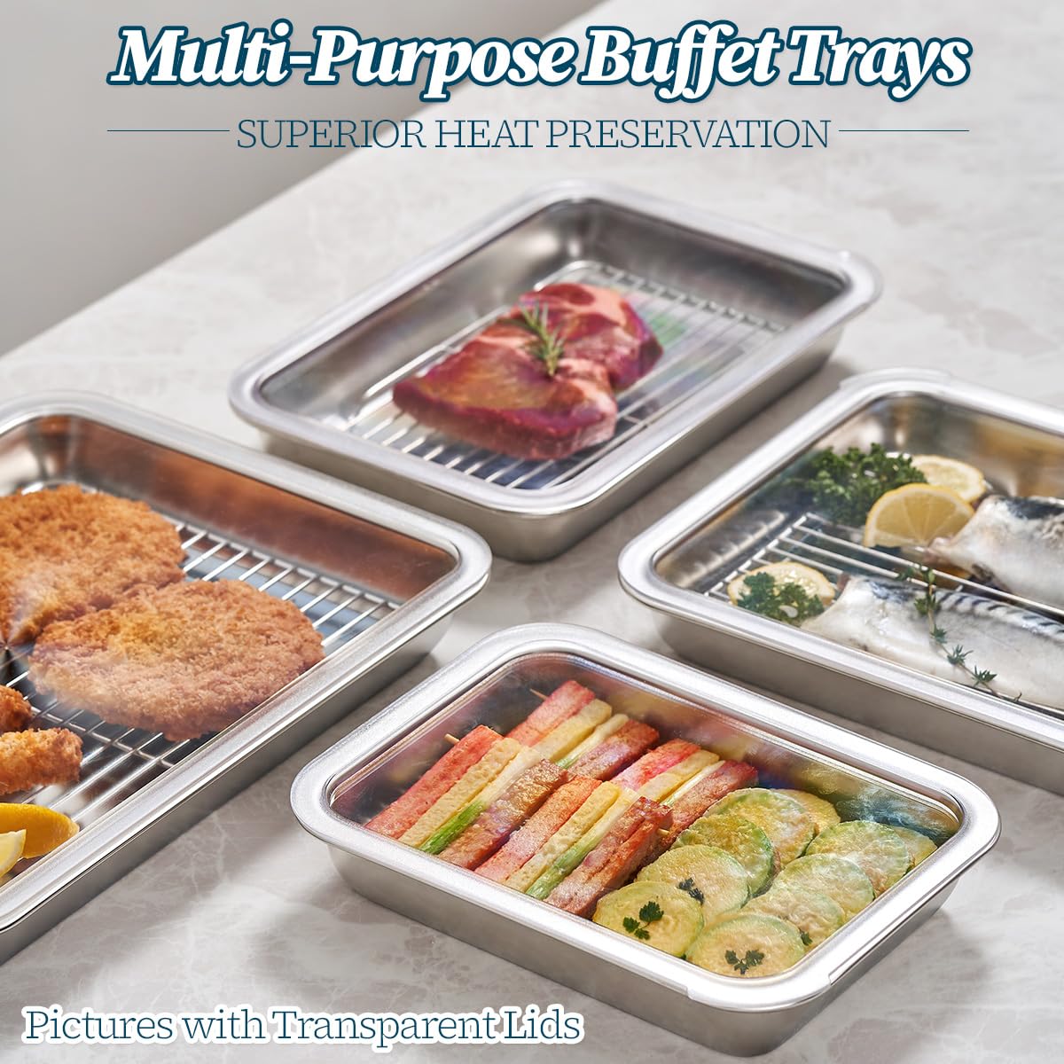WAGENSTEIGER Stainless Steel Food Prep Container Set with Rack & Transparent Lid, Buffet Party Pan, Catering Pan, For Resting Meats & Oven Roasting, Marinating & Deep-Frying Prep Tools