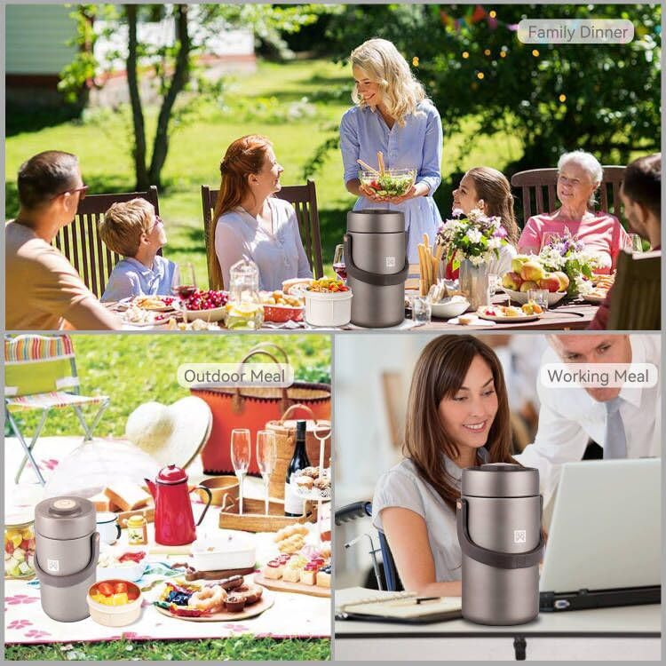 GOLDEN KEY Adults Stainless Vacuum-Insulated Wide Mouth Large Thermos for Hot Food with 3 Stackable Storage Container Inserts and Lunch Bag,Hot & Cold Soup Thermo Lunch Container,87 Ounce,Coffee
