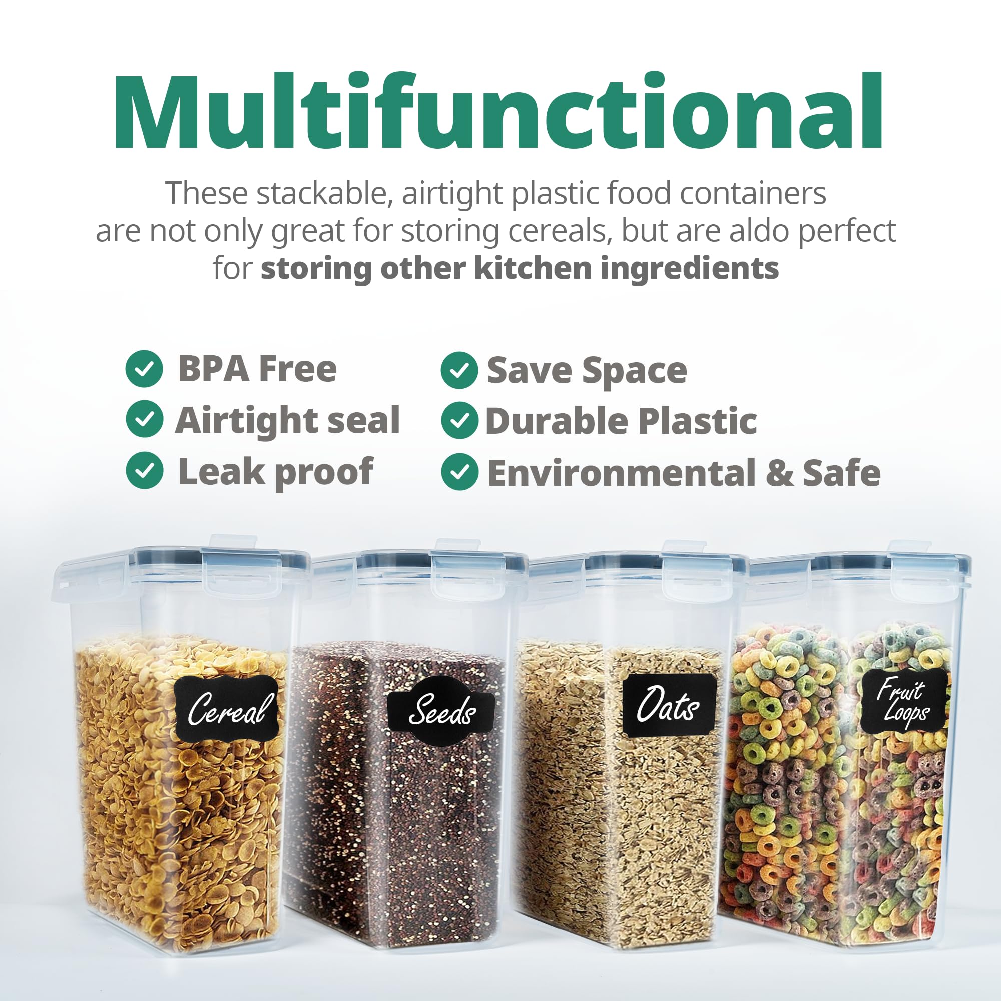 SirContainers Cereal Containers Storage - 4 Pack Airtight Food Storage Containers Large Cereal Dispenser 4 Liter Plastic Storage Containers with Lids