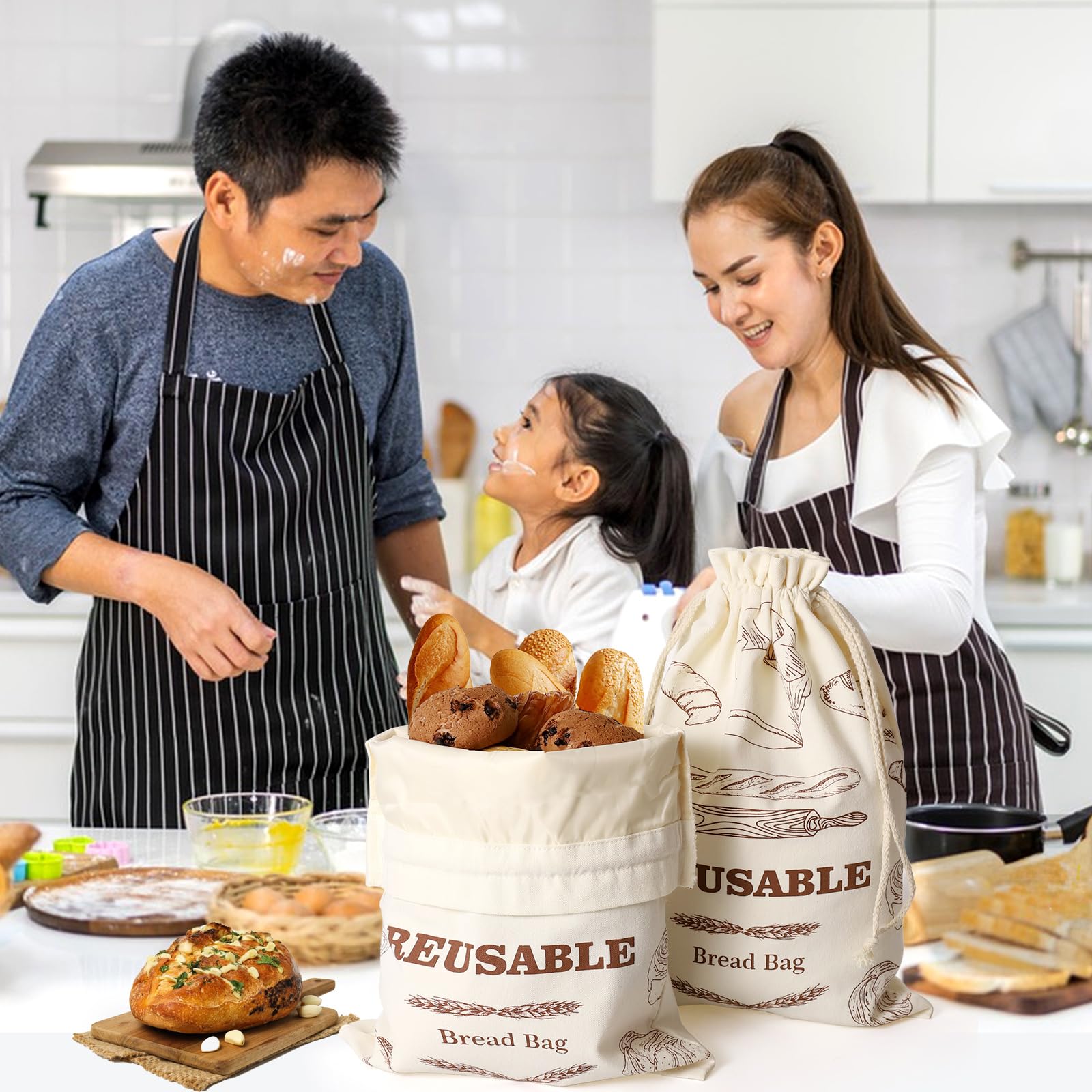 Bread Bags for Homemade Bread, 2 Pack Reusable Bread Bags, Linen Bread Bag with Plastic Liner for Sourdough & Bread Storage