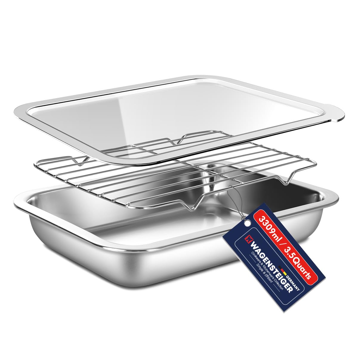 WAGENSTEIGER Stainless Steel Food Prep Container Set with Rack & Transparent Lid, Buffet Party Pan, Catering Pan, For Resting Meats & Oven Roasting, Marinating & Deep-Frying Prep Tools