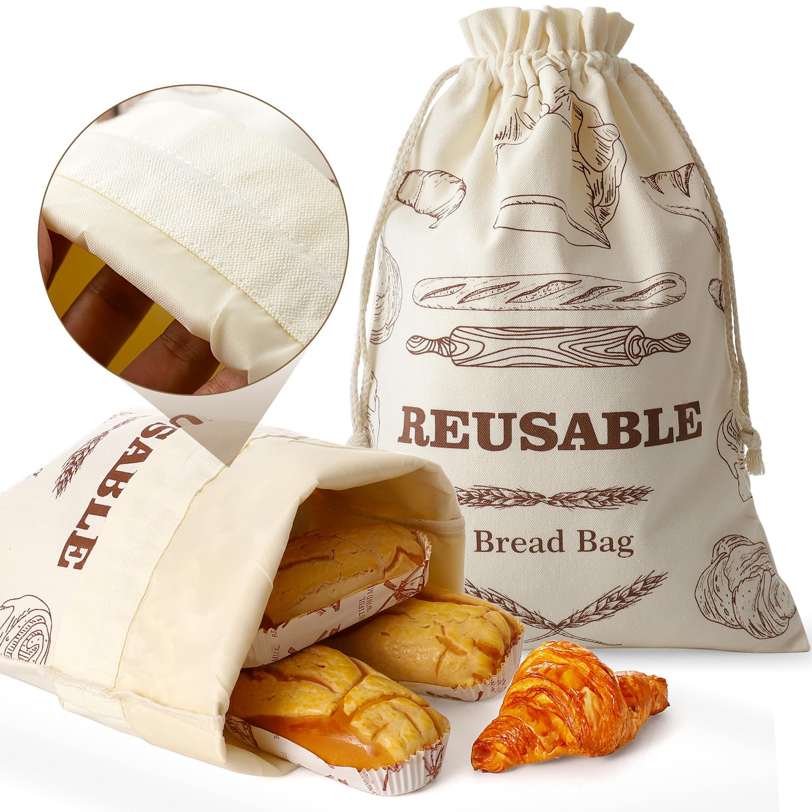 Bread Bags for Homemade Bread, 2 Pack Reusable Bread Bags, Linen Bread Bag with Plastic Liner for Sourdough & Bread Storage