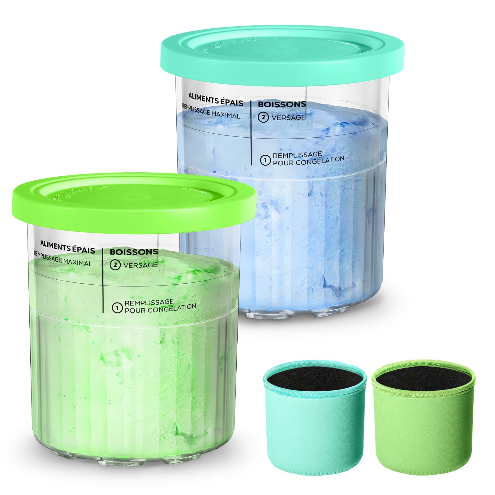 Containers Replacement for Ninja Creami Pints and Lids, 16oz Ice Cream Cups Compatible with Ninja Creami NC500 NC501 Series Ice Cream Maker, for Creami Ninja Ice Cream with Insulated Sleeves(2 Pack)