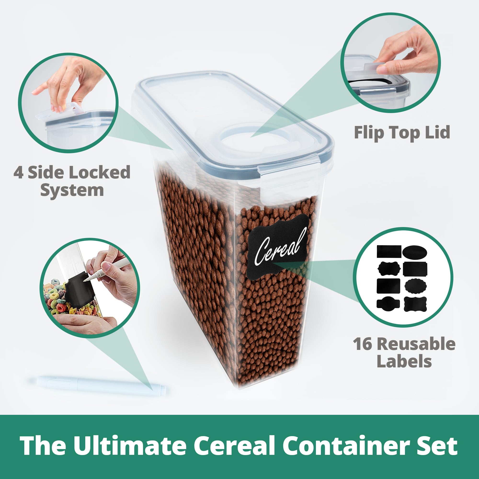 SirContainers Cereal Containers Storage - 4 Pack Airtight Food Storage Containers Large Cereal Dispenser 4 Liter Plastic Storage Containers with Lids