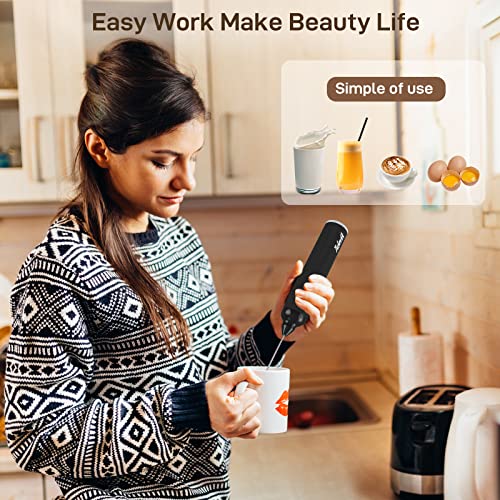 Tulevik Milk Frother For Coffee With Stand, Handheld Foam Maker, Type-C Rechargeable Drink-Mixer with 2 Stainless Whisks 3-Speed Adjustable for Coffee, Hot Chocolate, Milkshakes, Egg (Black)