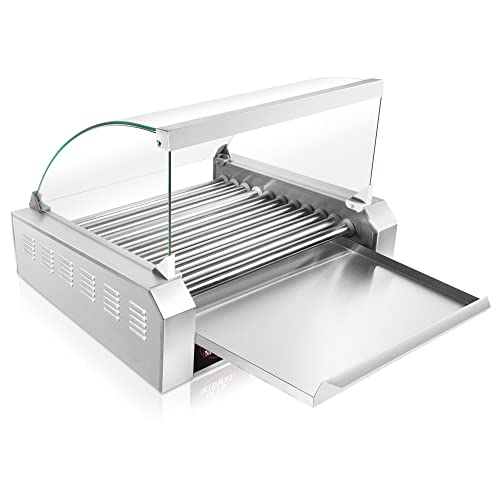 Olde Midway PRO30 Electric Grill Cooker Machine, 30 Hot Dog 11 Roller with Cover, Commercial Grade, Stainless Steel