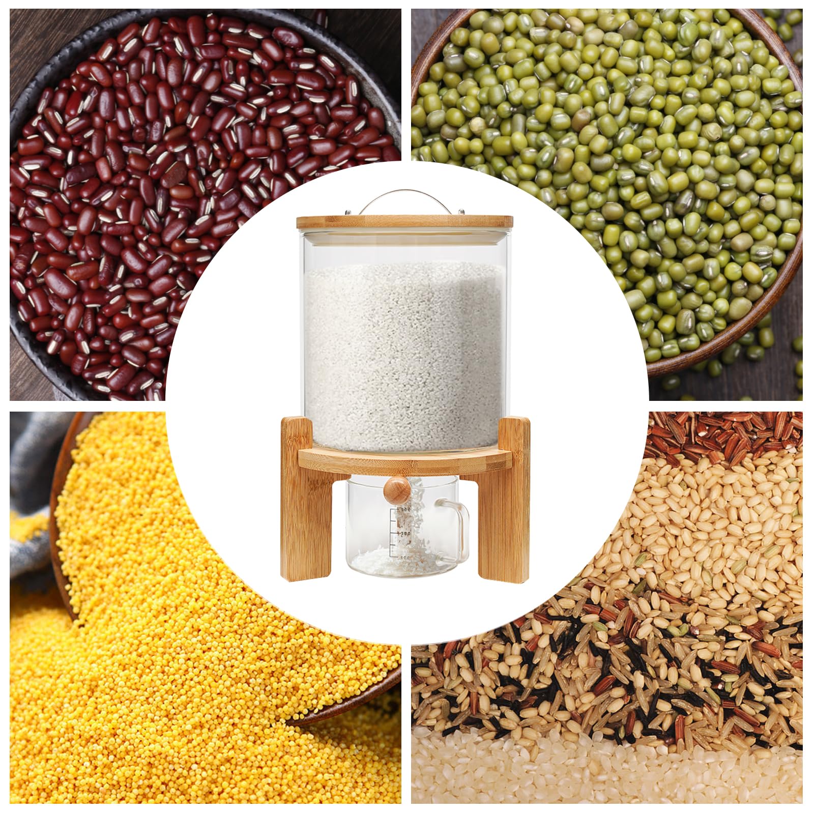 JUOPTGJ Cereal Storage Dispenser,Rice/Grain Dry Food Glass Container, Beans Storage Glass Tank With Valve,Home Flour Cereal Container with Bamboo Stand