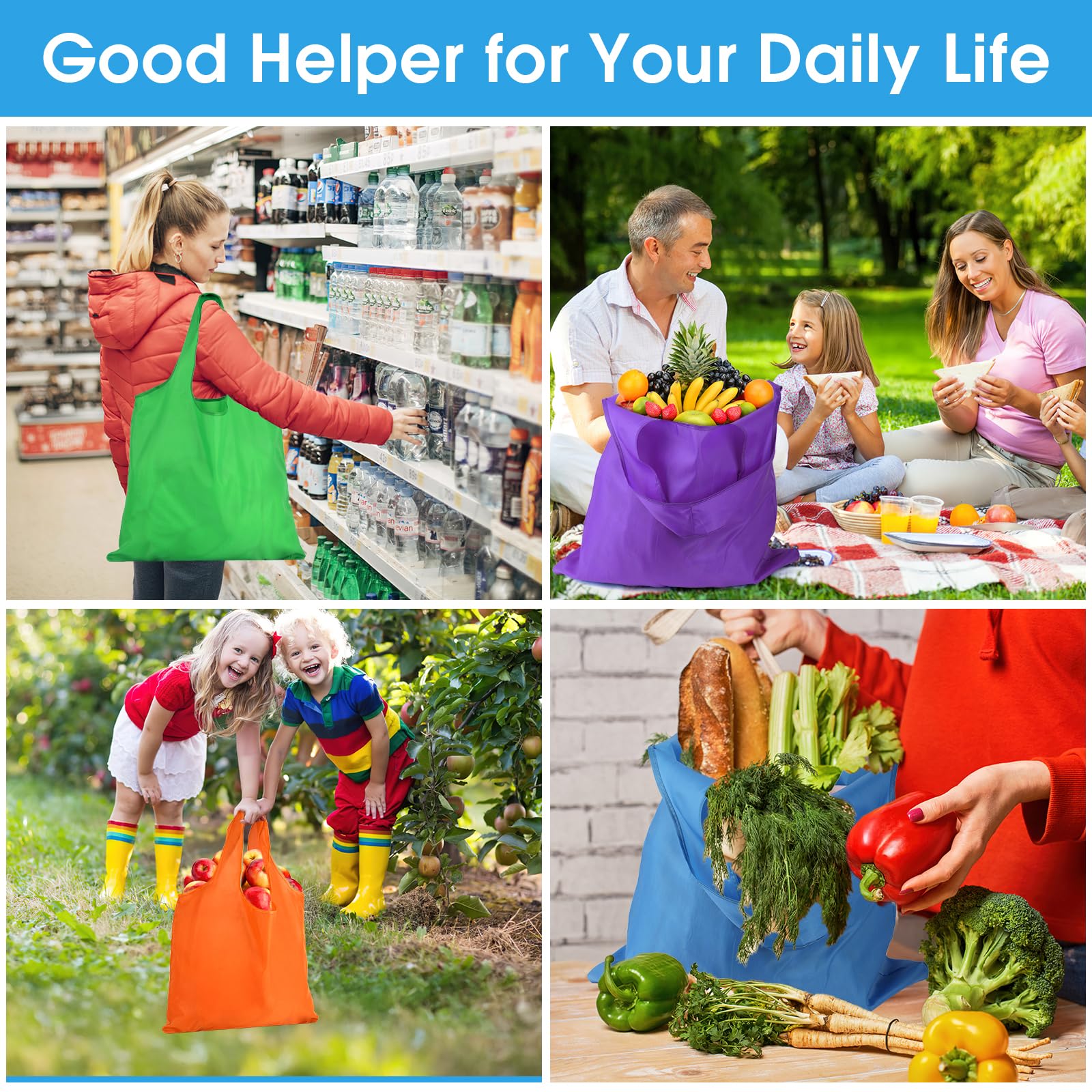 MOWPOG Reusable Grocery Bags, Extra Large Shopping Bags, Colorful Heavy Duty Tote Bag with Handle, Washable Foldable Polyester (5, Red, Orange, Green, Blue, Purple)