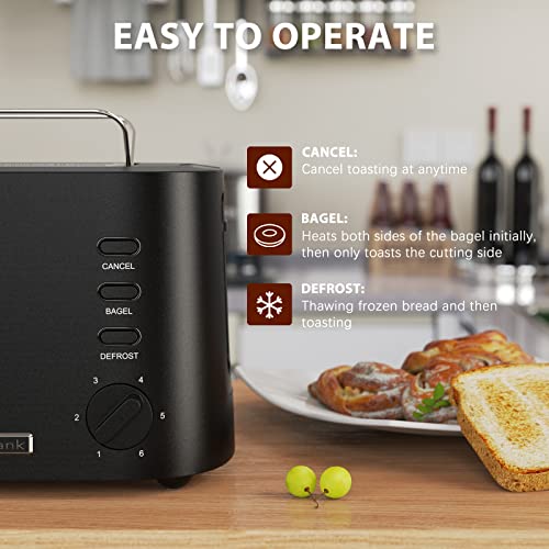 Anfilank Toaster 2 Slice, Wide Slots with Warming Rack, Cancel, Bagel, Defrost Function, 6-Shade Settings, Removable Crumb Tray and High Lift Lever Classic Bread Toaster, 900W BPA free(Black)