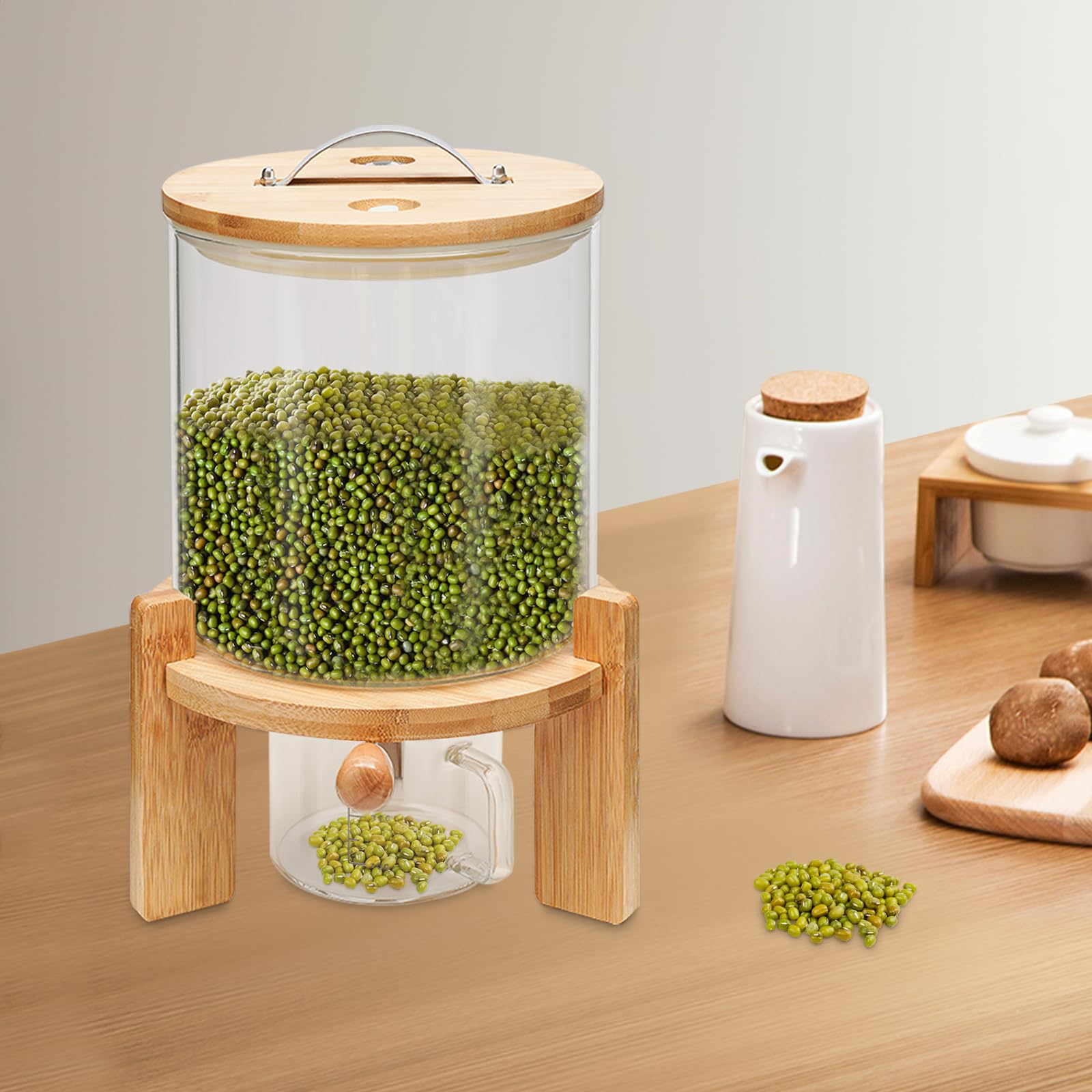 JUOPTGJ Cereal Storage Dispenser,Rice/Grain Dry Food Glass Container, Beans Storage Glass Tank With Valve,Home Flour Cereal Container with Bamboo Stand