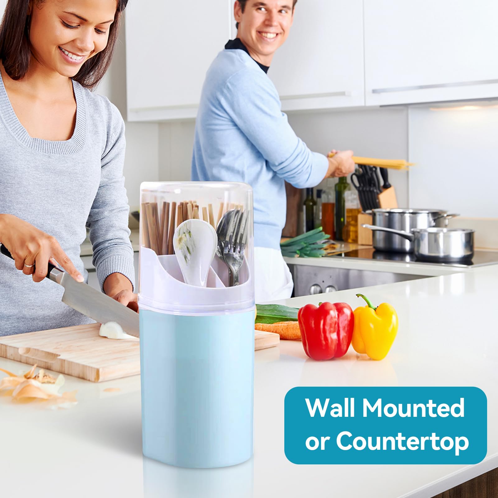 Kitchen Utensil Holder with Cover, 4 Compartment Wall-Mounted Countertop Plastic Silverware Holder Utensil Drying Rack for Cutlery, Chopstick, Spoons, Forks, Knives(Blue)