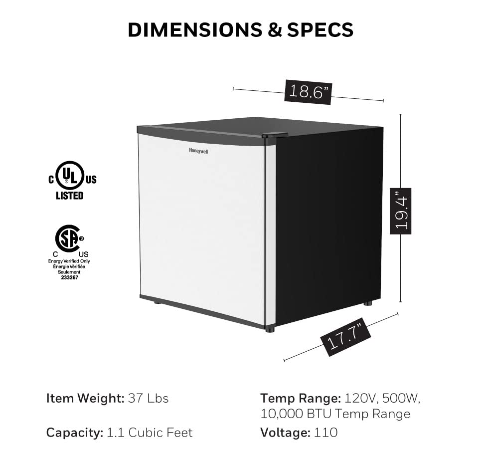 Honeywell Compact Refrigerator 1.6 Cu Ft Mini Fridge with Freezer, Single Door, Low noise, for Bedroom, Office, Dorm with Adjustable Temperature Settings, Stainless Steel