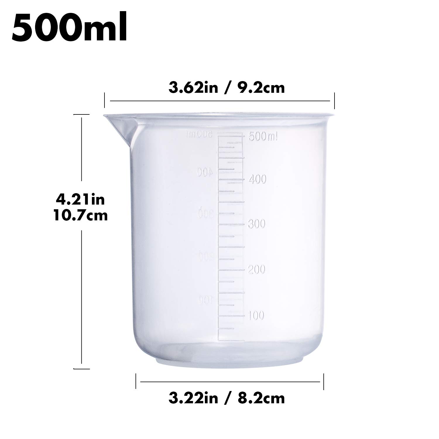 Plastic Beaker Set, 5 Sizes Low Form Measuring Graduated Griffin Polypropylene Beakers in 500 ml, 250 ml, 100 ml, 50 ml, 25 ml for Laboratory, & Science Experiments with 5 Plastic Droppers in 3 ml