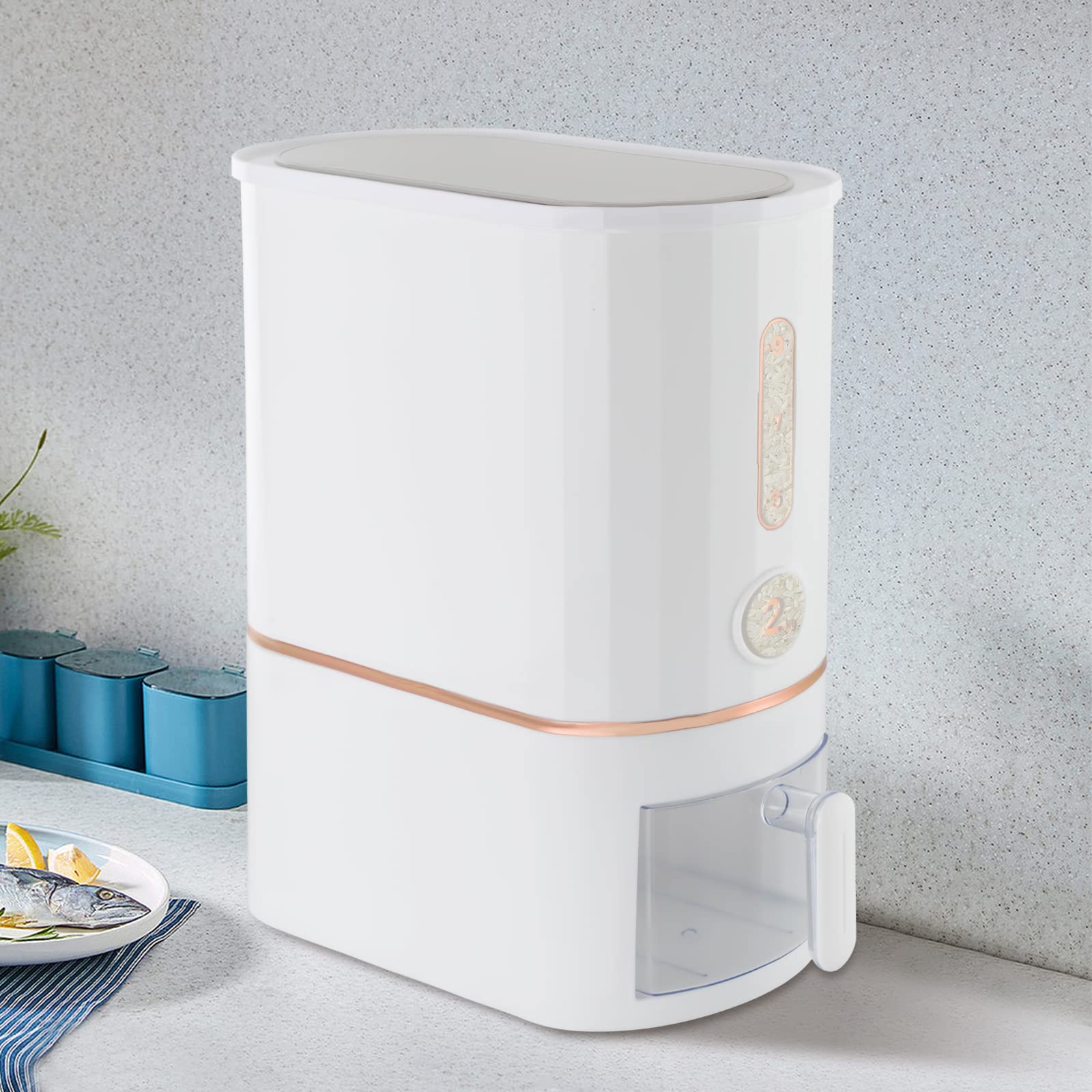 LOYALHEARTDY 22 Lbs Rice Dispenser with Airtight Locking Lid, Large Grain Container Storage with Lid Measuring Cylinder Moisture Proof Household Cereal Dispenser Bucket for Kitchen Soybean Corn