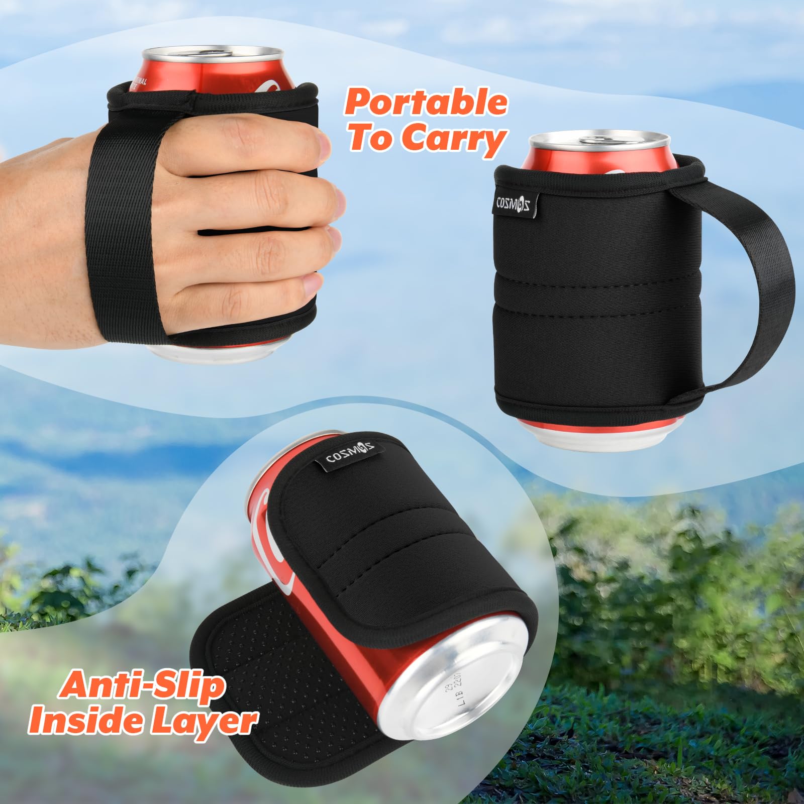 Cosmos 4 Pcs Drink Can Insulator Sleeve Neoprene Slap Wrap Can Cover Anti-Slip Insulated Can Cooler Cover Bottle Holder with Handle for 12 oz above Beverage Soda Drink Can Beer Bottle (Black (4 Pcs))