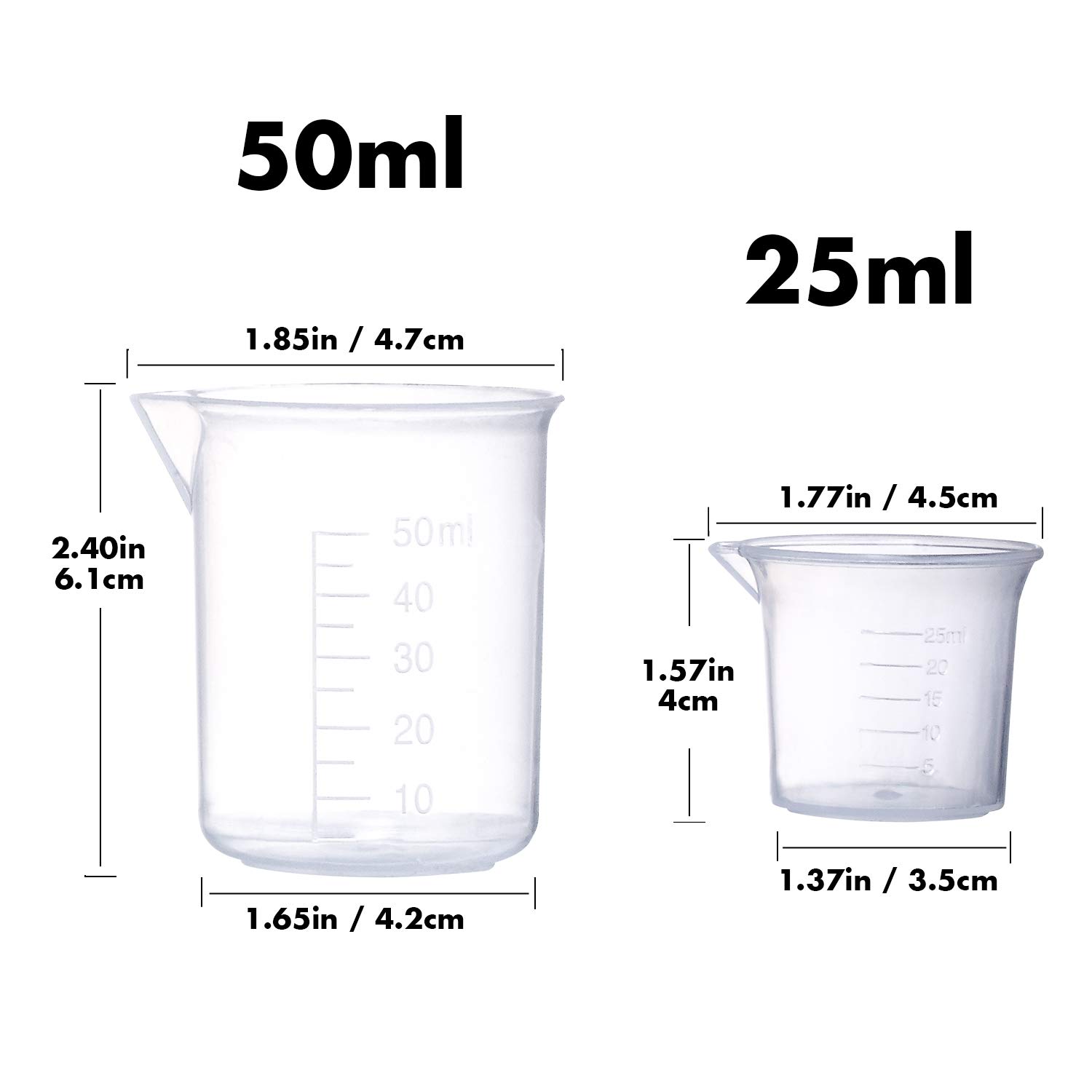 Plastic Beaker Set, 5 Sizes Low Form Measuring Graduated Griffin Polypropylene Beakers in 500 ml, 250 ml, 100 ml, 50 ml, 25 ml for Laboratory, & Science Experiments with 5 Plastic Droppers in 3 ml