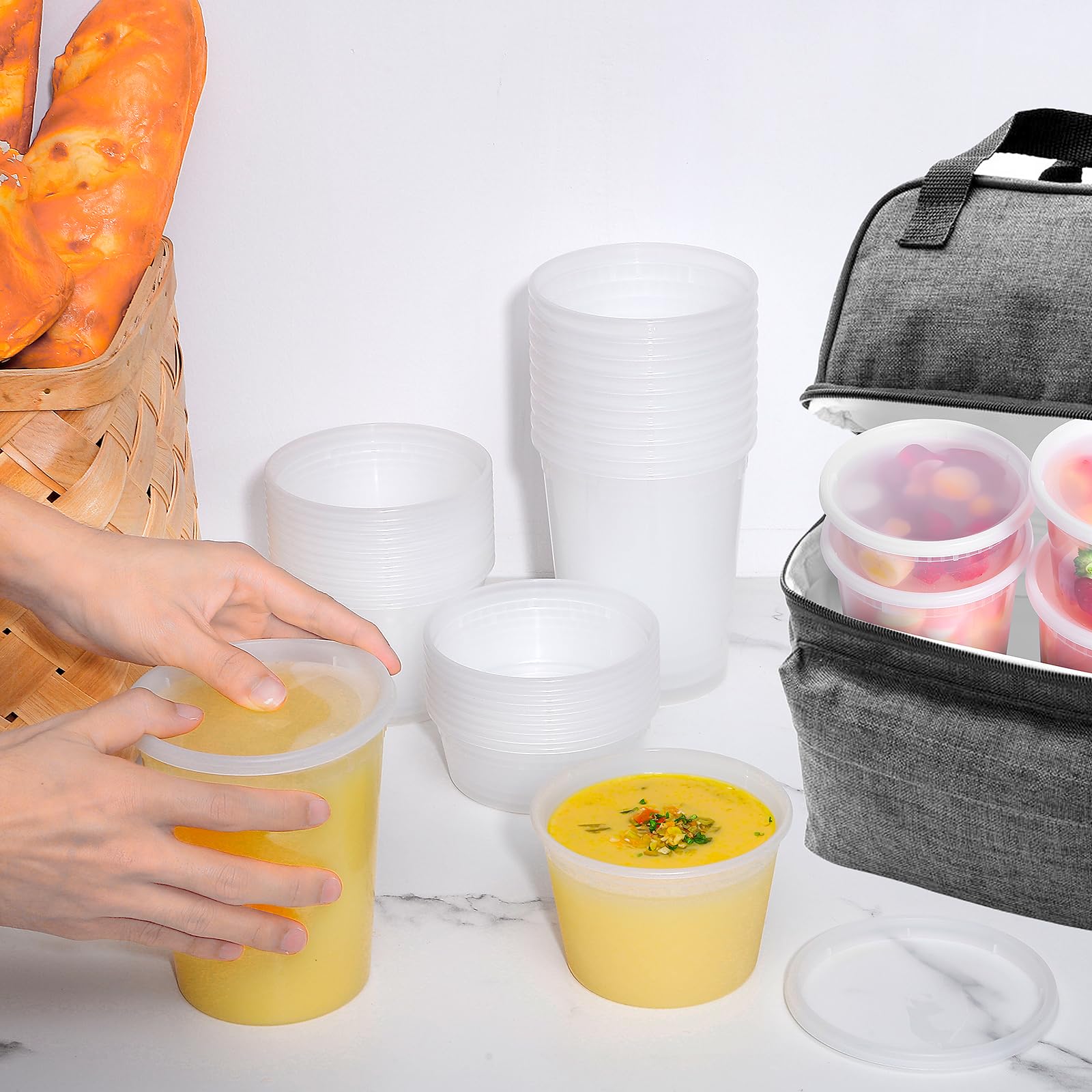 Deli Containers with Lids 48 Sets (8, 16, 32 oz 16 Each) - Clear Soup Containers Plastic Quart Containers with Lids, Pint Take out Containers Leakproof, BPA Free, Dishwasher/Microwave/Freezer Safe