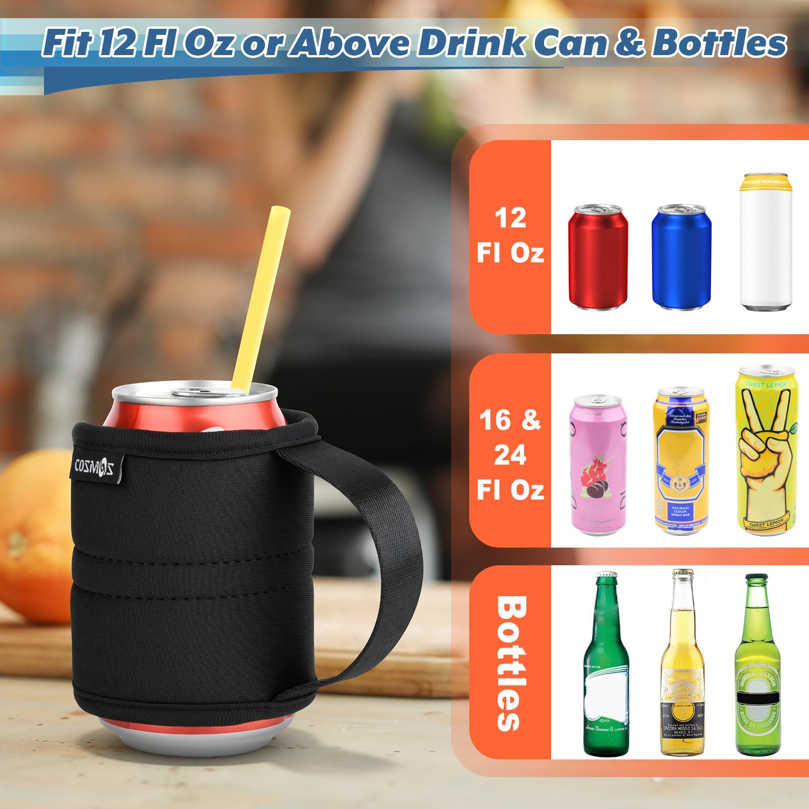 Cosmos 4 Pcs Drink Can Insulator Sleeve Neoprene Slap Wrap Can Cover Anti-Slip Insulated Can Cooler Cover Bottle Holder with Handle for 12 oz above Beverage Soda Drink Can Beer Bottle (Black (4 Pcs))