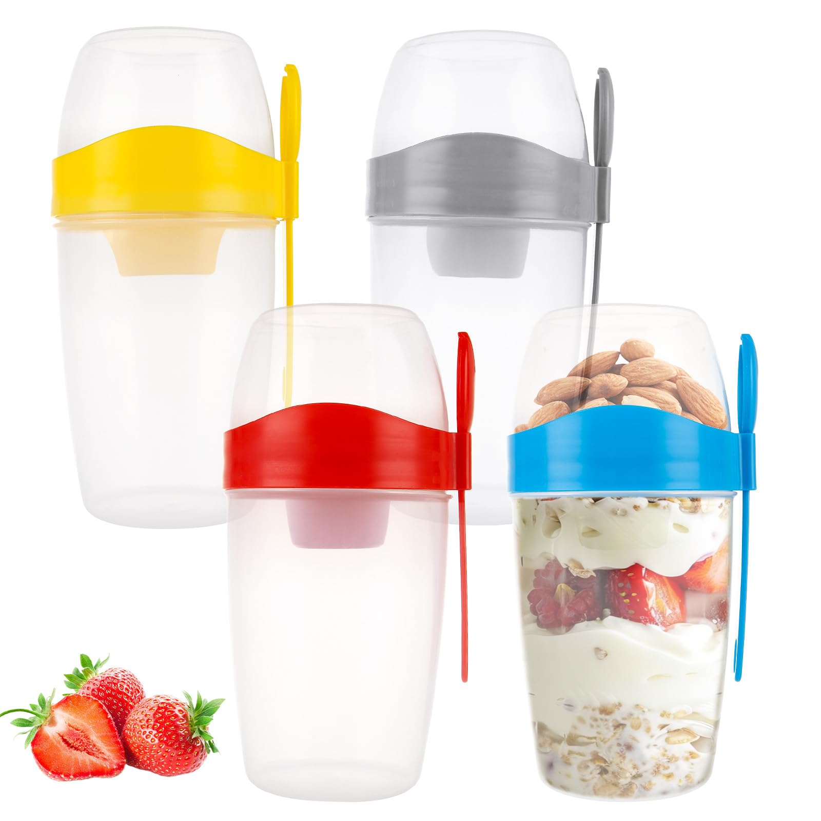 LDXDRU 4Pcs Yogurt Parfait Cups with Lids, Overnight Oats Containers with Lid and Spoon, Reusable Yogurt Containers, Breakfast On the Go Cups for Milk Snack Fruit, Large 37oz