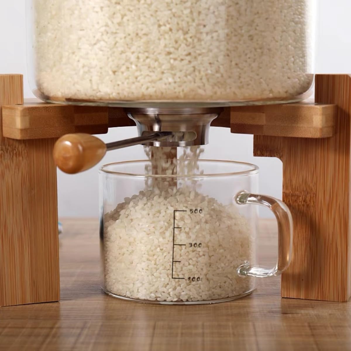 ANSQU Glass Rice Dispenser 5L, Large Grain Container Storage with Bamboo Stand, Rice Storage Container Sealed Moisture Proof with Measuring Cup for Kitchen Pantry Grain Coffee Beans Dry Food