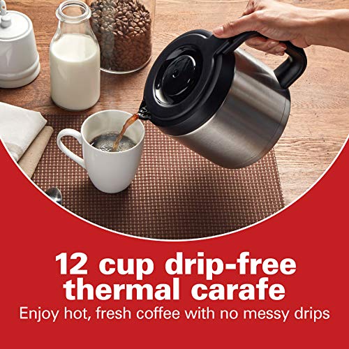 Hamilton Beach 12 Cup Programmable Front-Fill Drip Coffee Maker with Thermal Carafe, Auto Shutoff, 3 Brew Options, Black and Stainless Steel (46391)