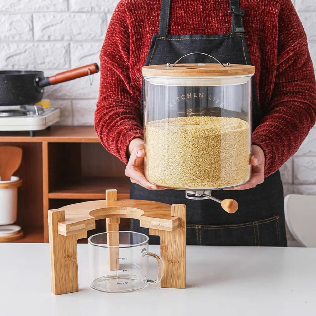 ANSQU Glass Rice Dispenser 5L, Large Grain Container Storage with Bamboo Stand, Rice Storage Container Sealed Moisture Proof with Measuring Cup for Kitchen Pantry Grain Coffee Beans Dry Food