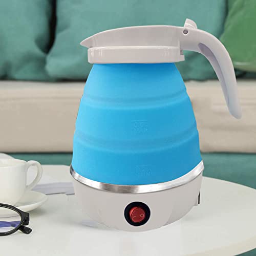Foldable Portable Electric Kettle with Food Grade Silicone, 9 Mins Fast Water Boiling Tea Pot Coffee Pot for Camping or Travel, Collapsible Kettle with Separable Power Cord 110V US Plug 600ML Blue