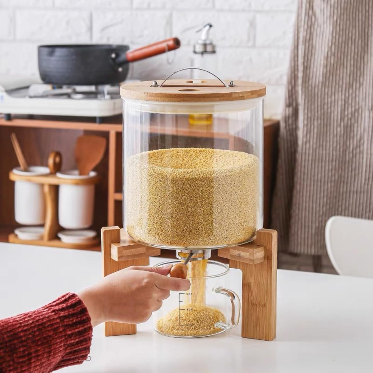 ANSQU Glass Rice Dispenser 5L, Large Grain Container Storage with Bamboo Stand, Rice Storage Container Sealed Moisture Proof with Measuring Cup for Kitchen Pantry Grain Coffee Beans Dry Food
