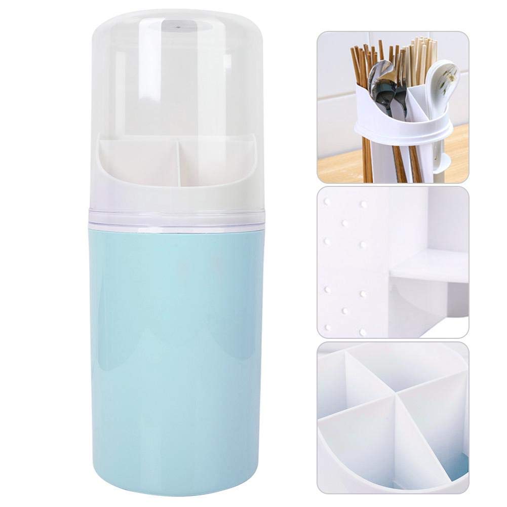 Kitchen Utensil Holder with Cover, 4 Compartment Wall-Mounted Countertop Plastic Silverware Holder Utensil Drying Rack for Cutlery, Chopstick, Spoons, Forks, Knives(Blue)