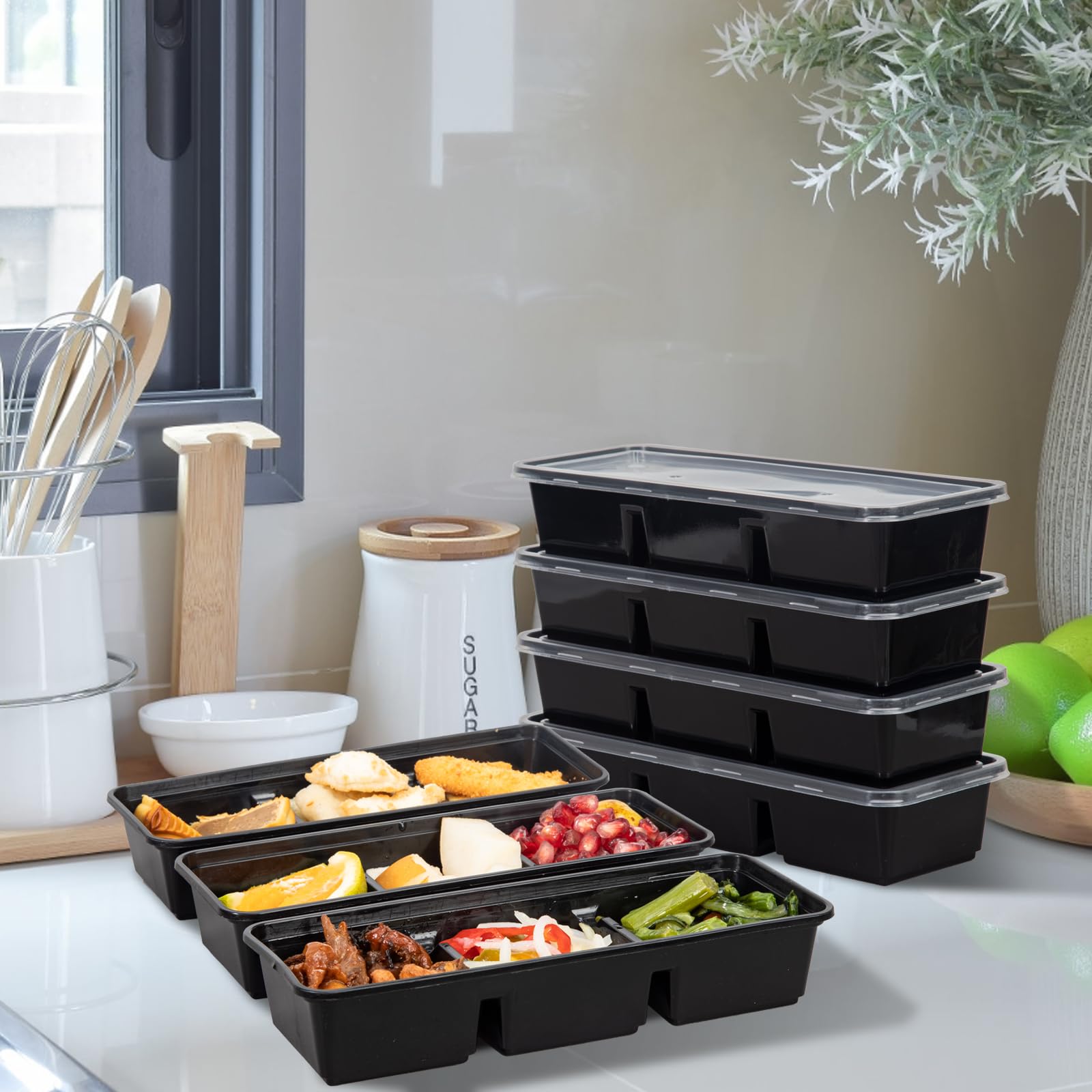 MOQRUAO 50 Packs 17oz Meal Prep Containers,Disposable Plastic Bento Boxes with 3 Compartments Food Containers Snack,Dessert,Travel Lunch Boxes for Office,Picnic