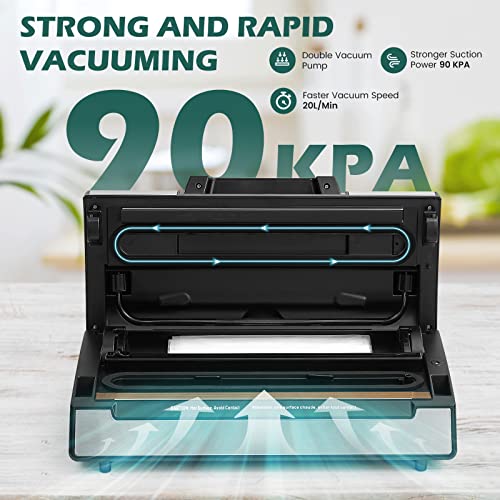 ADVENOR Vacuum Sealer Pro Food Sealer with Built-in Cutter and Bag Storage Includes 2 Bag Rolls 8"x16'and 11"x16' Handle Lock Design 90kpa Double Heat Seal For Food Preservation