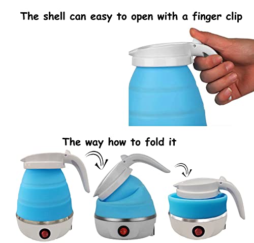 Foldable Portable Electric Kettle with Food Grade Silicone, 9 Mins Fast Water Boiling Tea Pot Coffee Pot for Camping or Travel, Collapsible Kettle with Separable Power Cord 110V US Plug 600ML Blue